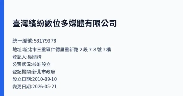 臺灣繽紛數位多媒體有限公司的照片-統編 53179378(新北市) 公司登記資料與營業項目詳細圖表