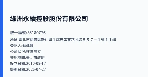 綠洲永續控股股份有限公司的照片-統編 53180776(臺北市) 公司登記資料與營業項目詳細圖表