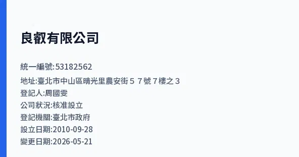 良叡有限公司的照片-統編 53182562(臺北市) 公司登記資料與營業項目詳細圖表