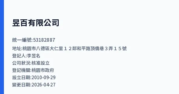 昱百有限公司的照片-統編 53182887(桃園市) 公司登記資料與營業項目詳細圖表