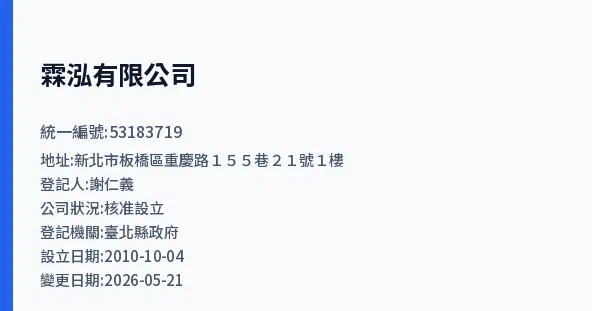 霖泓有限公司的照片-統編 53183719(新北市) 公司登記資料與營業項目詳細圖表