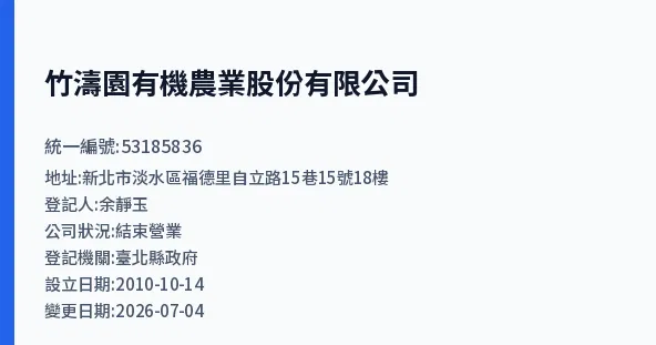 竹濤園有機農業股份有限公司的照片-統編 53185836(新北市) 公司登記資料與營業項目詳細圖表