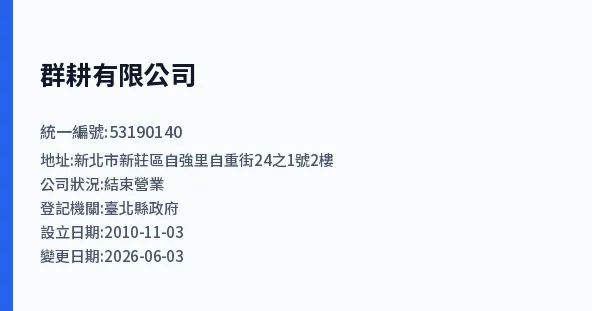 群耕有限公司的照片-統編 53190140(新北市) 公司登記資料與營業項目詳細圖表