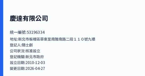 慶達有限公司的照片-統編 53196334(新北市) 公司登記資料與營業項目詳細圖表
