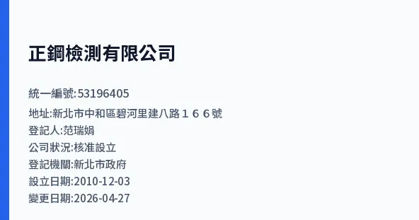 正鋼檢測有限公司的照片-統編 53196405(新北市) 公司登記資料與營業項目詳細圖表