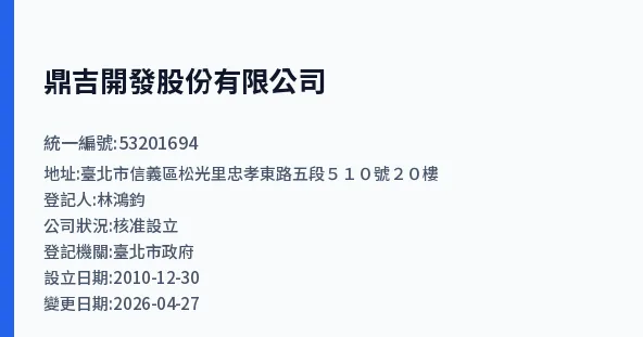 鼎吉開發股份有限公司的照片-統編 53201694(臺北市) 公司登記資料與營業項目詳細圖表