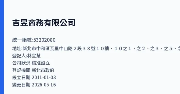吉昱商務有限公司的照片-統編 53202080(新北市) 公司登記資料與營業項目詳細圖表
