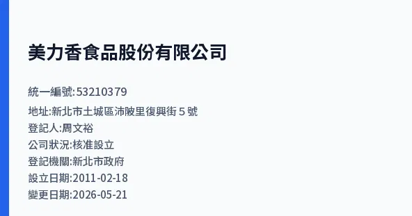 美力香食品股份有限公司的照片-統編 53210379(新北市) 公司登記資料與營業項目詳細圖表