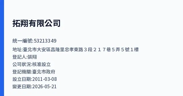 拓翔有限公司的照片-統編 53213349(臺北市) 公司登記資料與營業項目詳細圖表