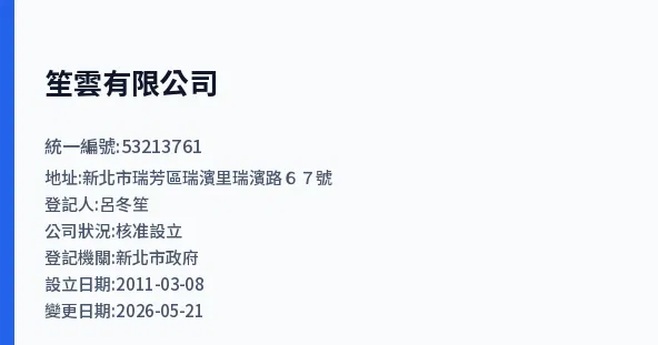 笙雲有限公司的照片-統編 53213761(新北市) 公司登記資料與營業項目詳細圖表
