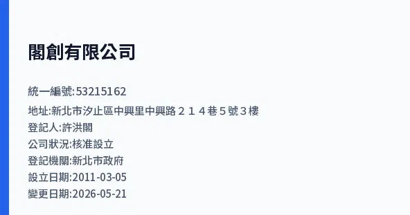 閣創有限公司的照片-統編 53215162(新北市) 公司登記資料與營業項目詳細圖表