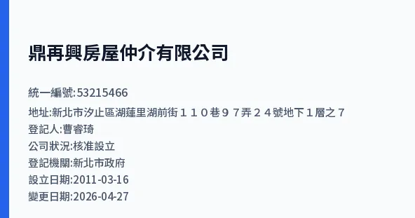 鼎再興房屋仲介有限公司的照片-統編 53215466(新北市) 公司登記資料與營業項目詳細圖表
