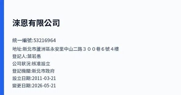 淶恩有限公司的照片-統編 53216964(新北市) 公司登記資料與營業項目詳細圖表