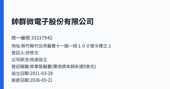 帥群微電子股份有限公司的照片-統編 53217942(新竹縣) 公司登記資料與營業項目詳細圖表