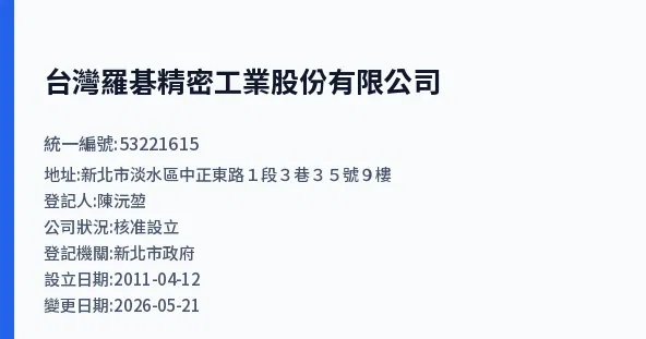 台灣羅碁精密工業股份有限公司的照片-統編 53221615(新北市) 公司登記資料與營業項目詳細圖表