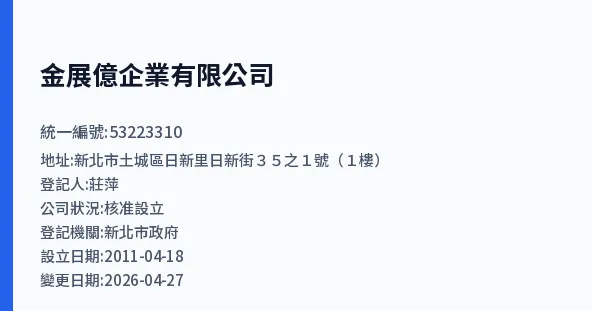 金展億企業有限公司的照片-統編 53223310(新北市) 公司登記資料與營業項目詳細圖表