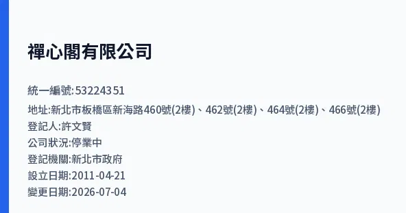禪心閣有限公司的照片-統編 53224351(新北市) 公司登記資料與營業項目詳細圖表