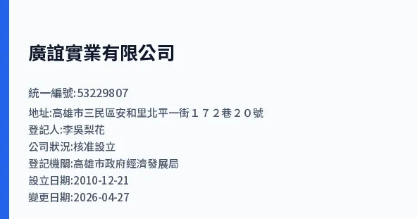 廣誼實業有限公司的照片-統編 53229807(高雄市) 公司登記資料與營業項目詳細圖表