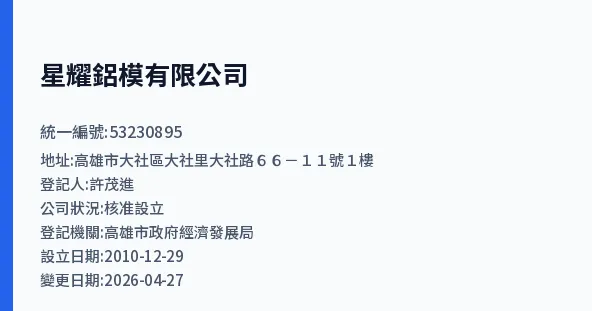 星耀鋁模有限公司的照片-統編 53230895(高雄市) 公司登記資料與營業項目詳細圖表