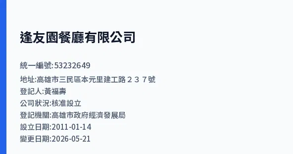 逢友園餐廳有限公司的照片-統編 53232649(高雄市) 公司登記資料與營業項目詳細圖表