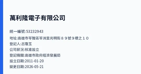 萬利隆電子有限公司的照片-統編 53232943(高雄市) 公司登記資料與營業項目詳細圖表