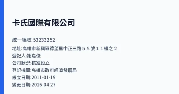 卡氏國際有限公司的照片-統編 53233252(高雄市) 公司登記資料與營業項目詳細圖表