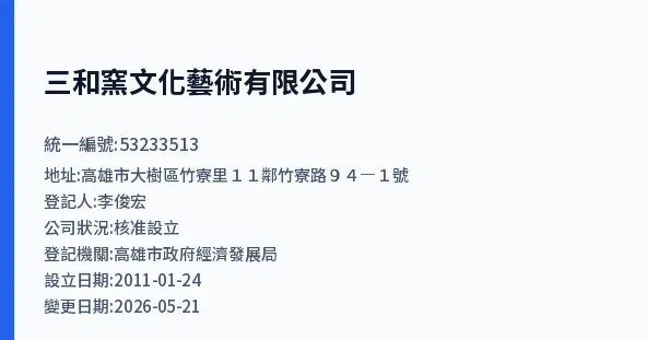 三和窯文化藝術有限公司的照片-統編 53233513(高雄市) 公司登記資料與營業項目詳細圖表
