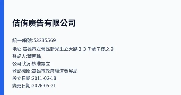 佶侑廣告有限公司的照片-統編 53235569(高雄市) 公司登記資料與營業項目詳細圖表