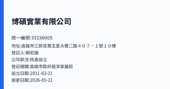 博碩實業有限公司的照片-統編 53236005(高雄市) 公司登記資料與營業項目詳細圖表