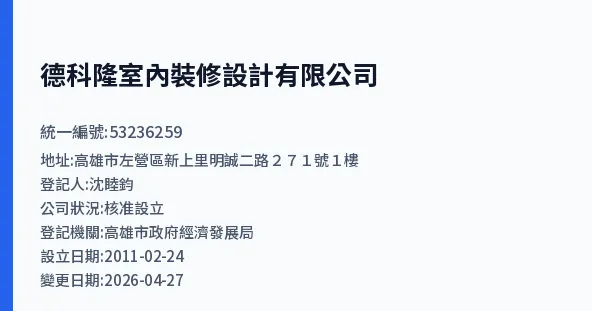 德科隆室內裝修設計有限公司的照片-統編 53236259(高雄市) 公司登記資料與營業項目詳細圖表