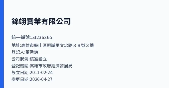 錦翊實業有限公司的照片-統編 53236265(高雄市) 公司登記資料與營業項目詳細圖表