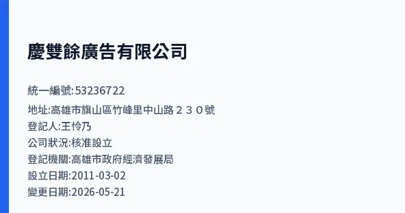 慶雙餘廣告有限公司的照片-統編 53236722(高雄市) 公司登記資料與營業項目詳細圖表
