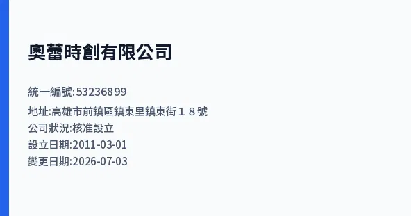 奧蕾時創有限公司的照片-統編 53236899(高雄市) 公司登記資料與營業項目詳細圖表