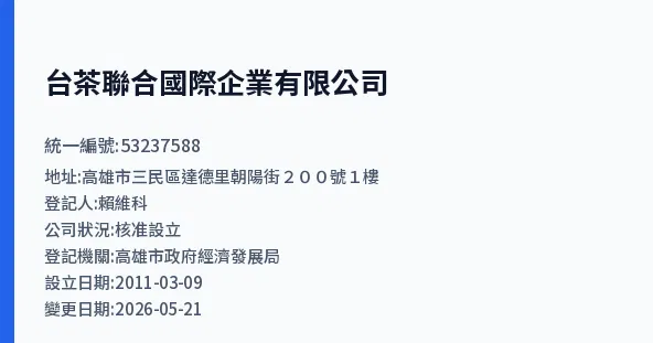 台茶聯合國際企業有限公司的照片-統編 53237588(高雄市) 公司登記資料與營業項目詳細圖表