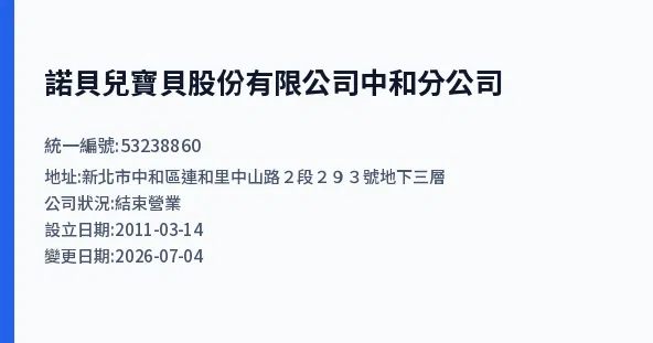 諾貝兒寶貝股份有限公司中和分公司的照片-統編 53238860(新北市) 公司登記資料與營業項目詳細圖表