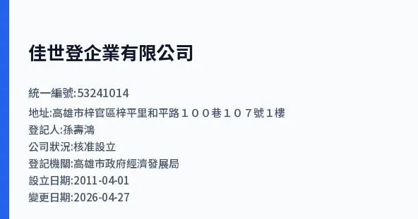 佳世登企業有限公司的照片-統編 53241014(高雄市) 公司登記資料與營業項目詳細圖表