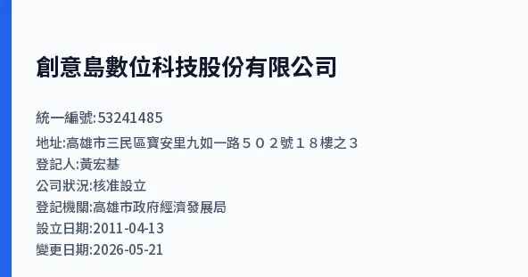 創意島數位科技股份有限公司的照片-統編 53241485(高雄市) 公司登記資料與營業項目詳細圖表
