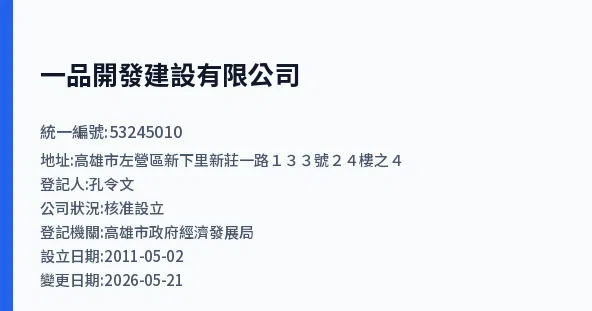 一品開發建設有限公司的照片-統編 53245010(高雄市) 公司登記資料與營業項目詳細圖表