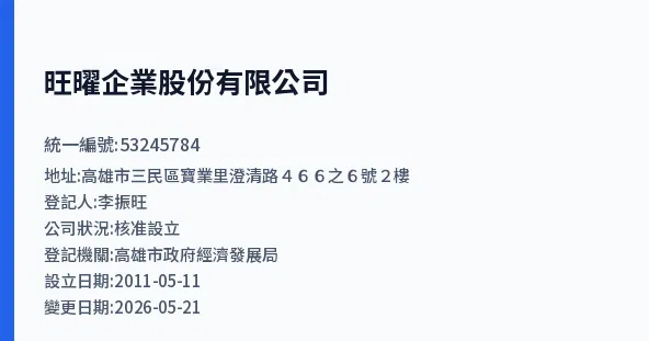 旺曜企業股份有限公司的照片-統編 53245784(高雄市) 公司登記資料與營業項目詳細圖表