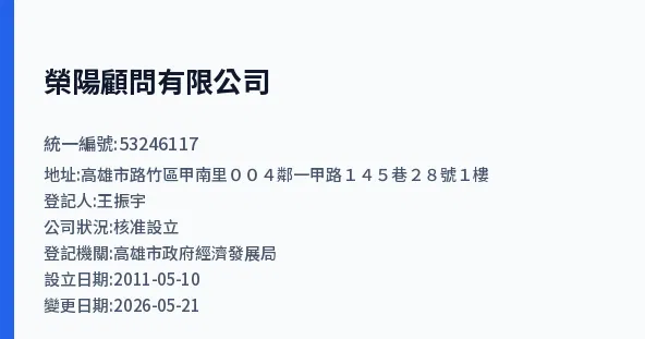 榮陽顧問有限公司的照片-統編 53246117(高雄市) 公司登記資料與營業項目詳細圖表