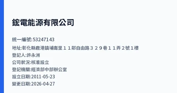 鋐電能源有限公司的照片-統編 53247143(彰化縣) 公司登記資料與營業項目詳細圖表