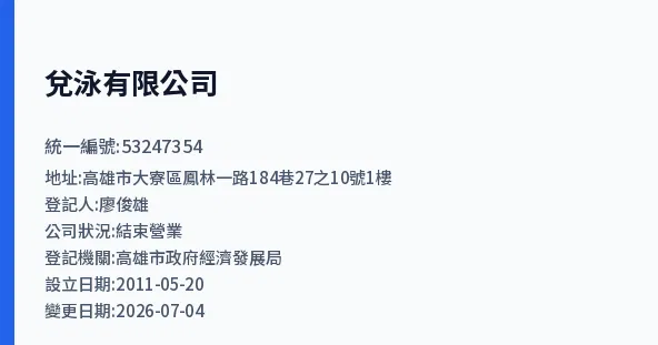 兌泳有限公司的照片-統編 53247354(高雄市) 公司登記資料與營業項目詳細圖表