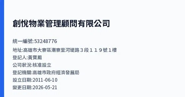 創悅物業管理顧問有限公司的照片-統編 53248776(高雄市) 公司登記資料與營業項目詳細圖表