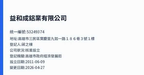 益和成鋁業有限公司的照片-統編 53249374(高雄市) 公司登記資料與營業項目詳細圖表