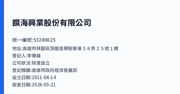 饌海興業股份有限公司的照片-統編 53249825(高雄市) 公司登記資料與營業項目詳細圖表