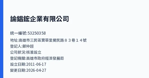 諭錩鋐企業有限公司的照片-統編 53250358(高雄市) 公司登記資料與營業項目詳細圖表