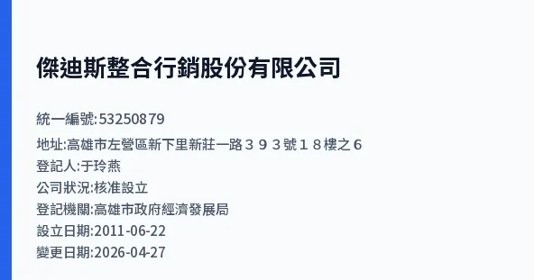 傑迪斯整合行銷股份有限公司的照片-統編 53250879(高雄市) 公司登記資料與營業項目詳細圖表