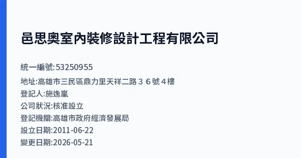 邑思奧室內裝修設計工程有限公司的照片-統編 53250955(高雄市) 公司登記資料與營業項目詳細圖表
