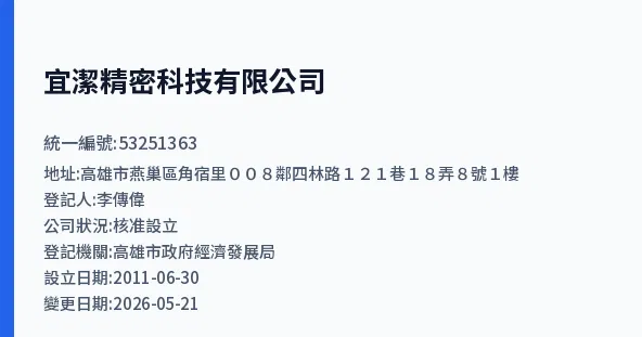 宜潔精密科技有限公司的照片-統編 53251363(高雄市) 公司登記資料與營業項目詳細圖表