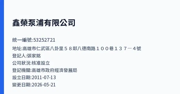 鑫榮泵浦有限公司的照片-統編 53252721(高雄市) 公司登記資料與營業項目詳細圖表